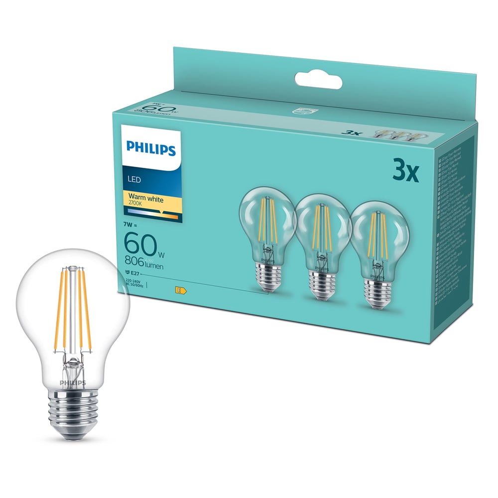 Philips LED-lampa E27 806 lm 3-pack | Kjell & Company