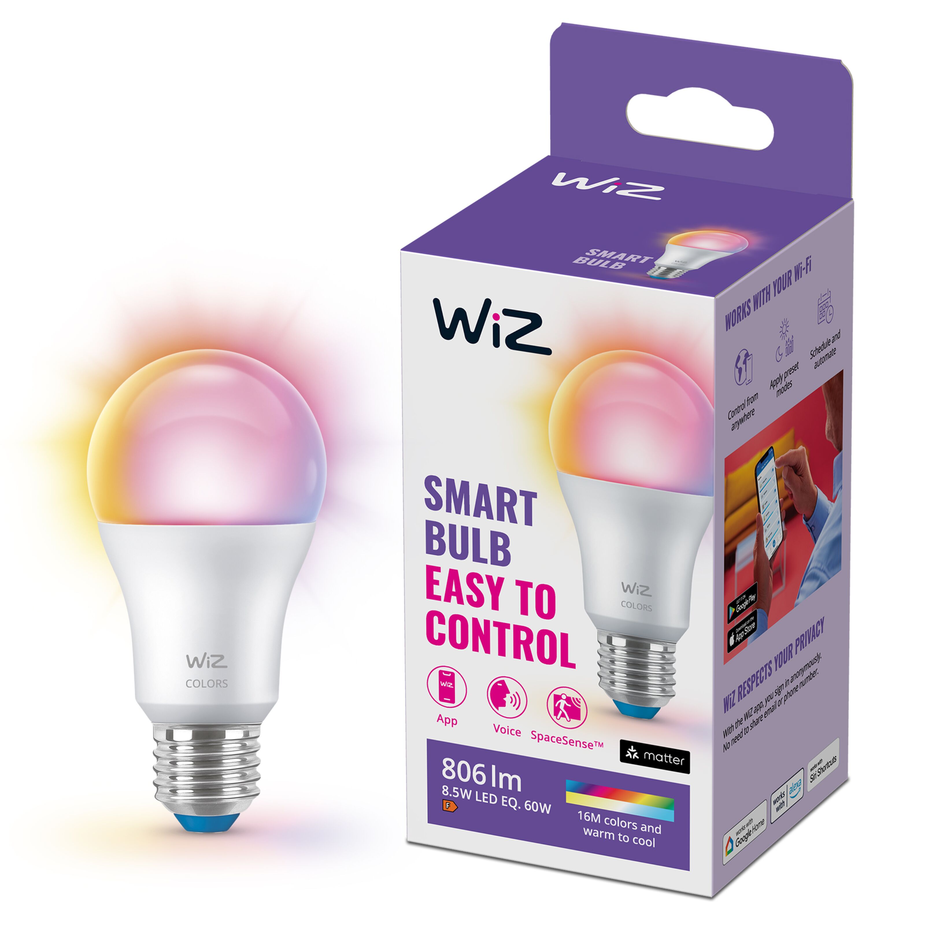 WiZ Color A60 Smart LED-lampa E27 806 lm - Smarta lampor Wifi | Kjell ...