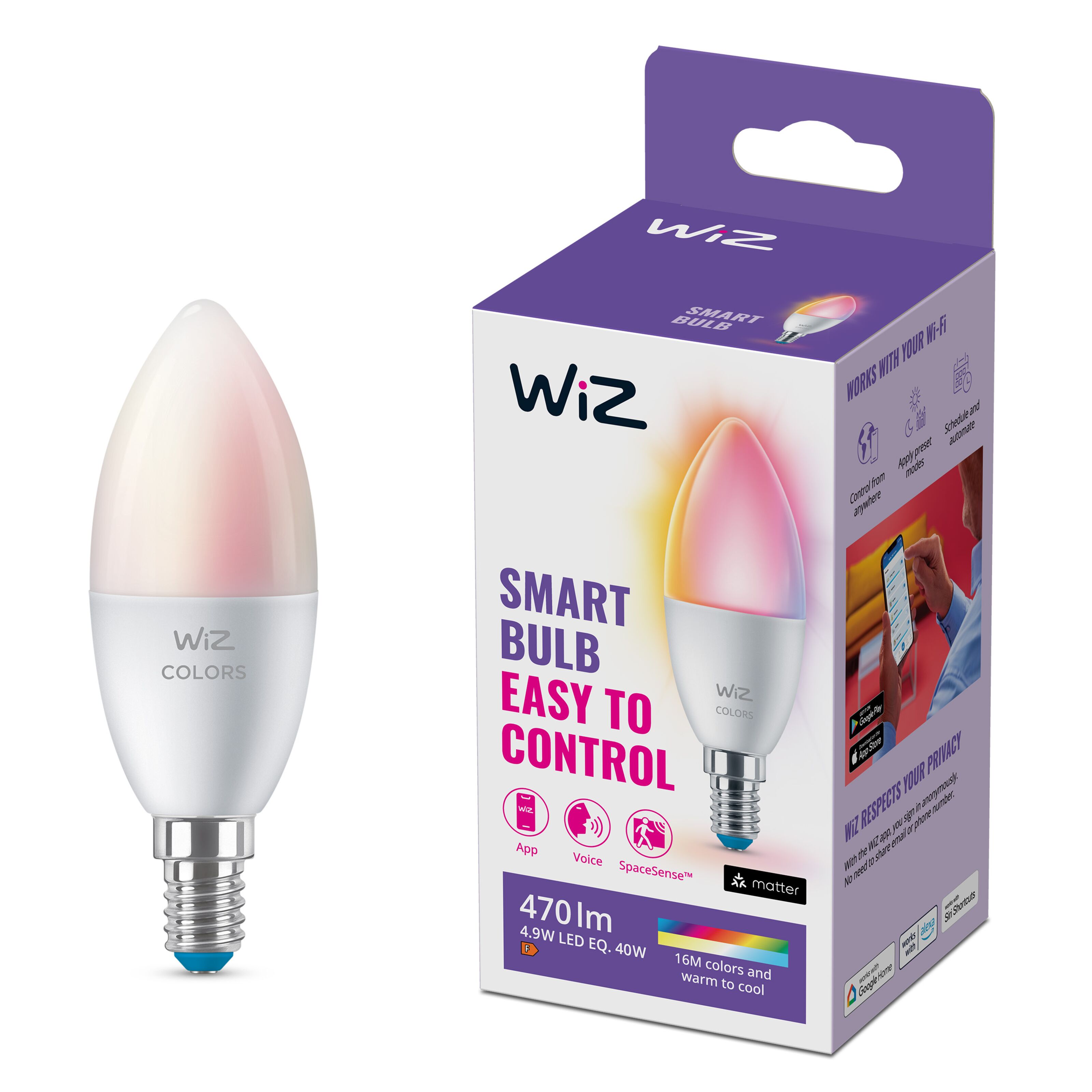 WiZ Color C37 Smart LED-pære E14 470 lm - Smarte pære Wifi | Kjell.com