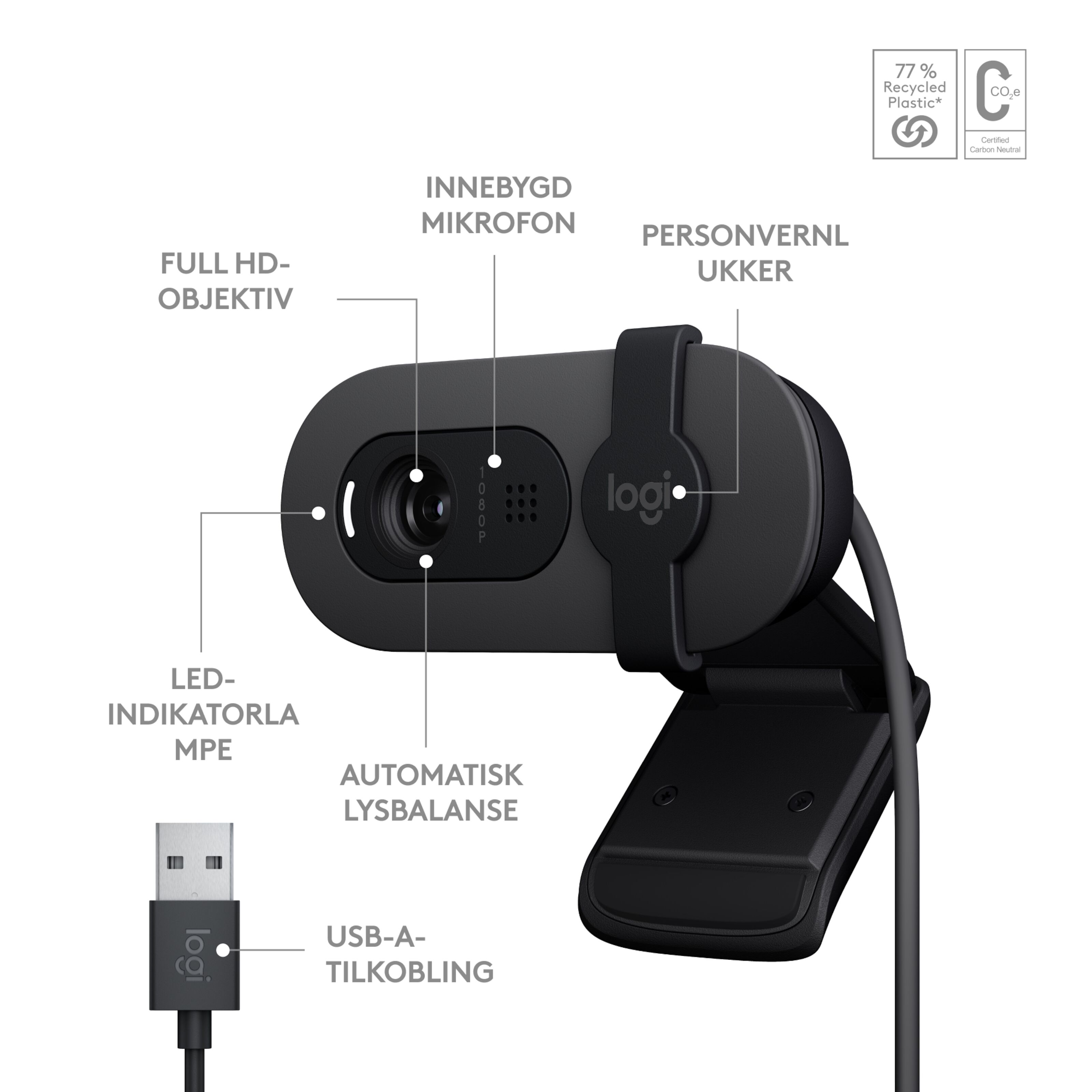Logitech Brio 100 Webkamera USB-A - Webkameraer | Kjell.com